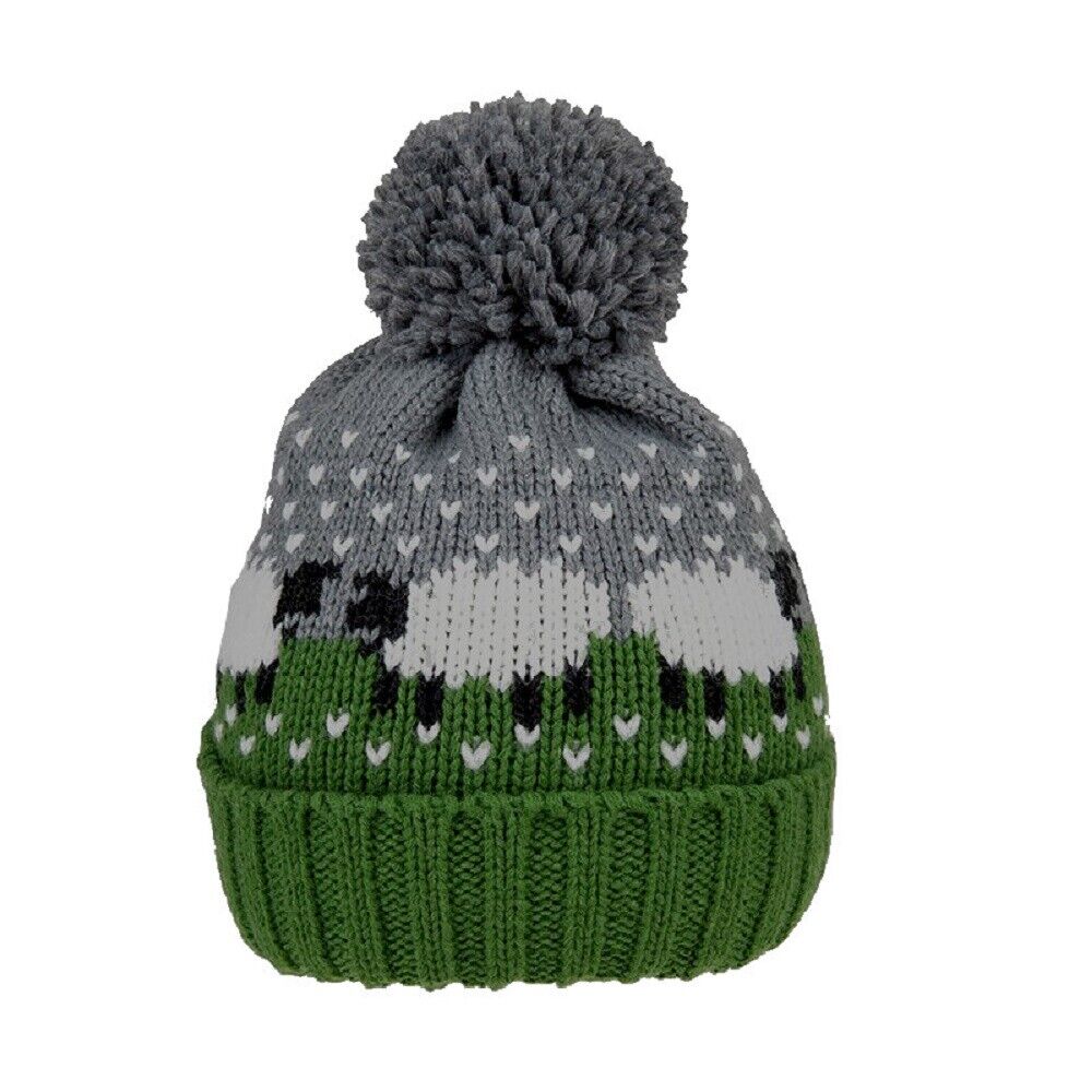 Knitted Hat Sheep Design Grey and Green with Pom Pom | Just for Ewe
