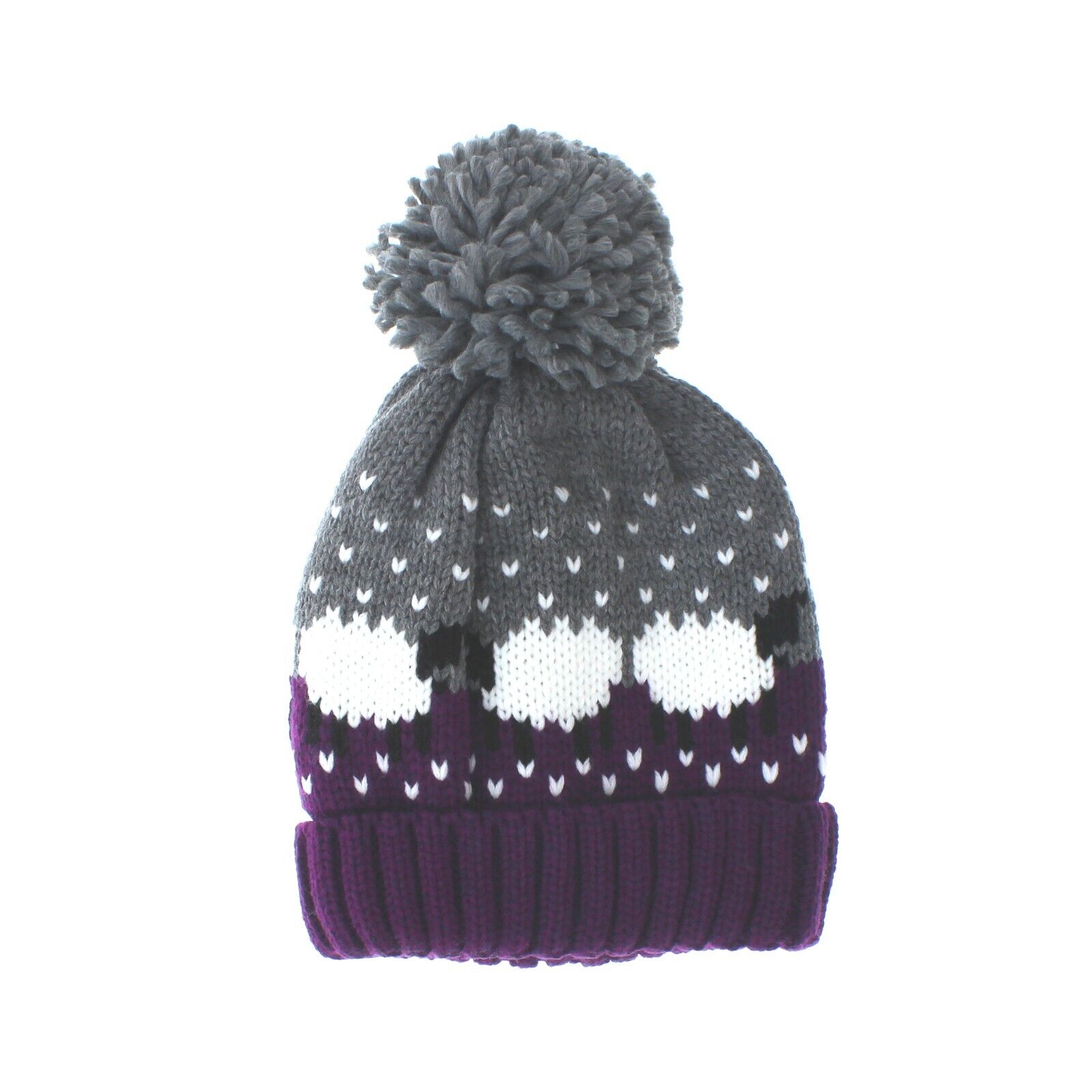 Knitted Hat Sheep Design Grey and Purple with Pom Pom | Just for Ewe